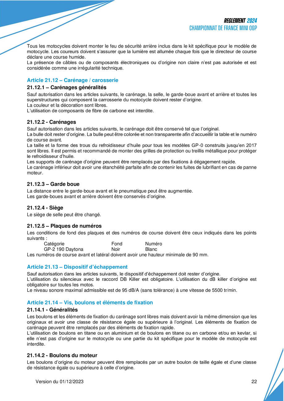 Règlement Championnat de France Mini OGP | FFMoto